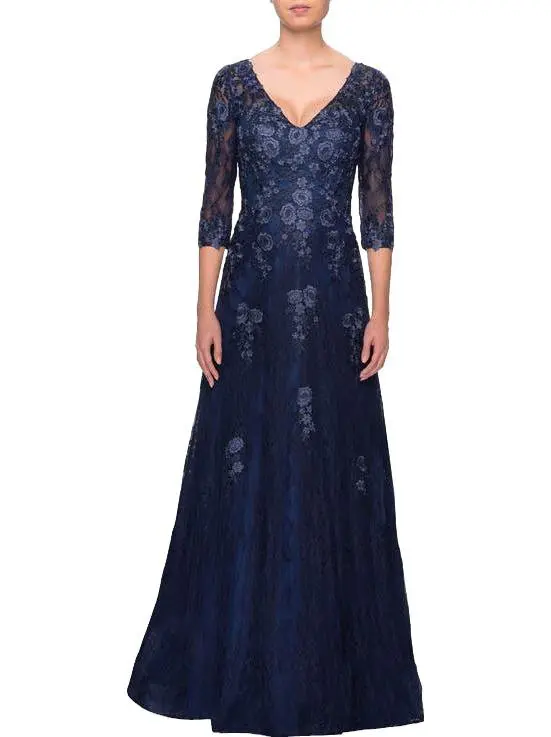 LABOMME Three Quarter Sleeve A-line Gown - Navy