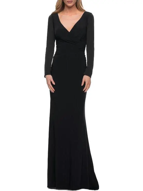 La Femme Long Sleeve Evening Dress With Ruching - Black