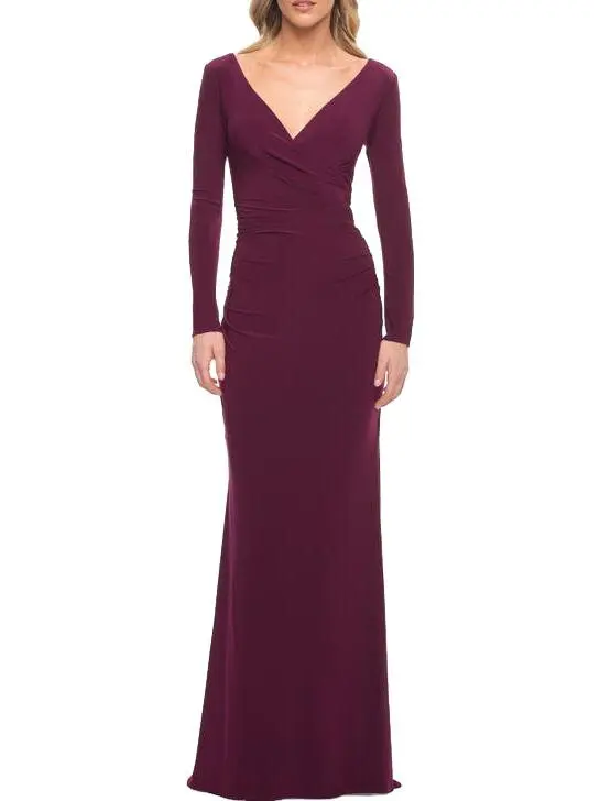 LABOMME Long Sleeve Evening Dress With Ruching - Dark Berry