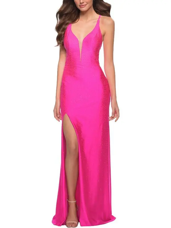 LABOMME Rhinestone Jersey Gown - Neon Pink