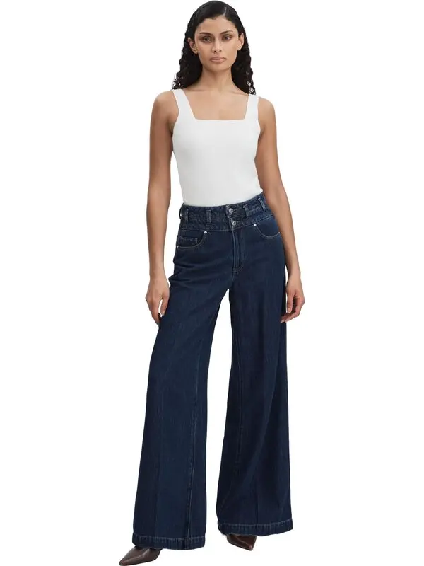 Paige Portia Double Waistband Wide-leg Jeans - Navy Blue