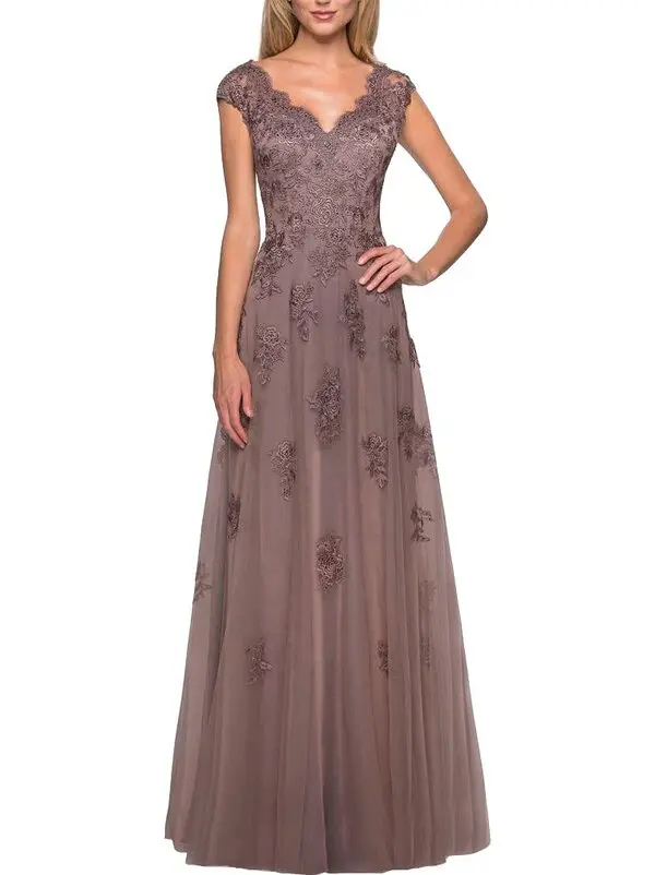 La Femme Short Sleeve Lace Gown - Cocoa
