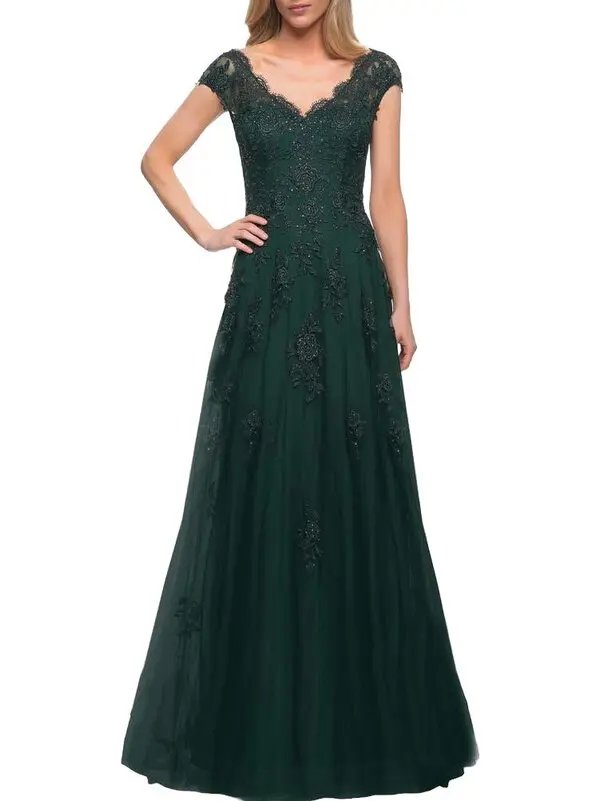 La Femme Short Sleeve Lace Gown - Dark Emerald