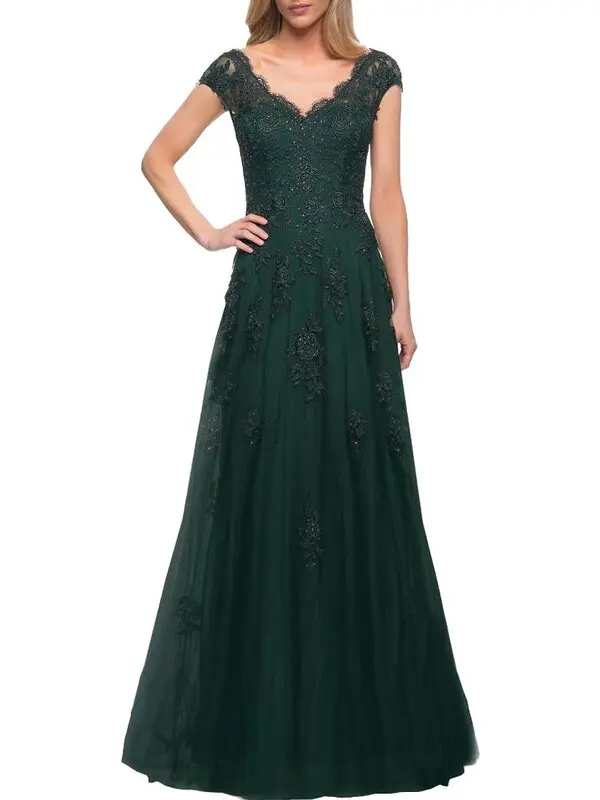 La Femme Short Sleeve Lace Gown - Dark Emerald
