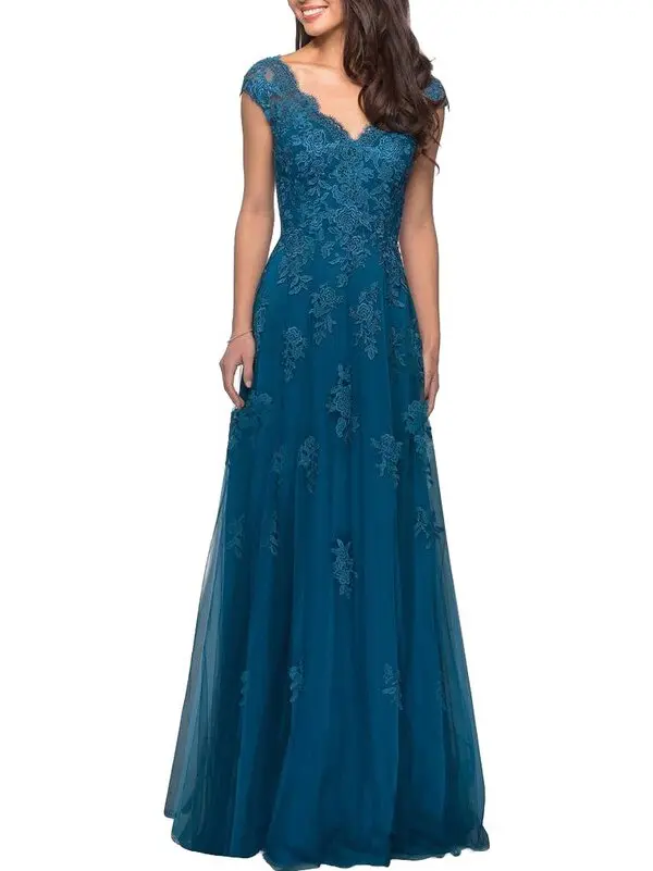 La Femme Short Sleeve Lace Gown - Teal