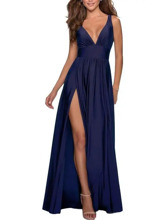 La Femme Empire Waist Gown With Deep V-neckline - Navy