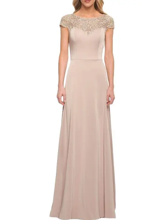 La Femme Jersey Gown With Lace Top - Champagne