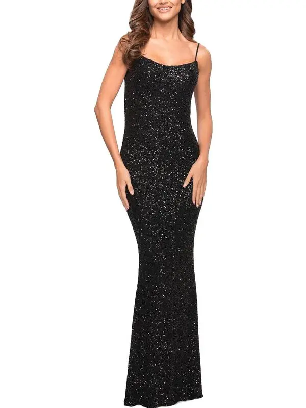 LABOMME Long Sequin Dress With Scoop Neck - Black