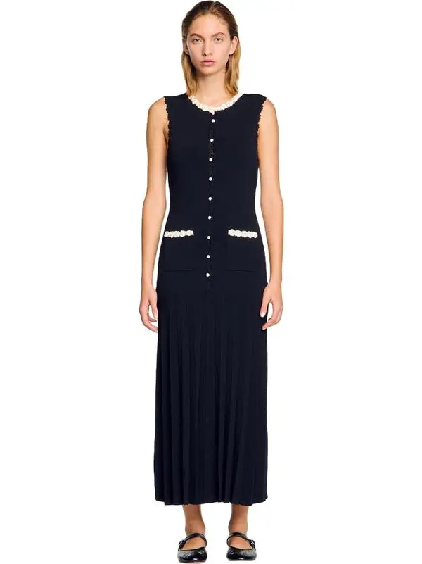 Sandro Long Dress With Crochet Detailing - Black