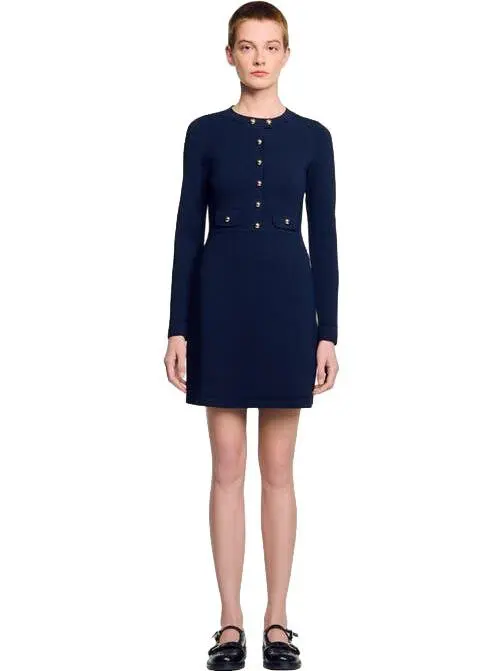 Sandro Mini Knit Dress With Button Placket - Navy Blue