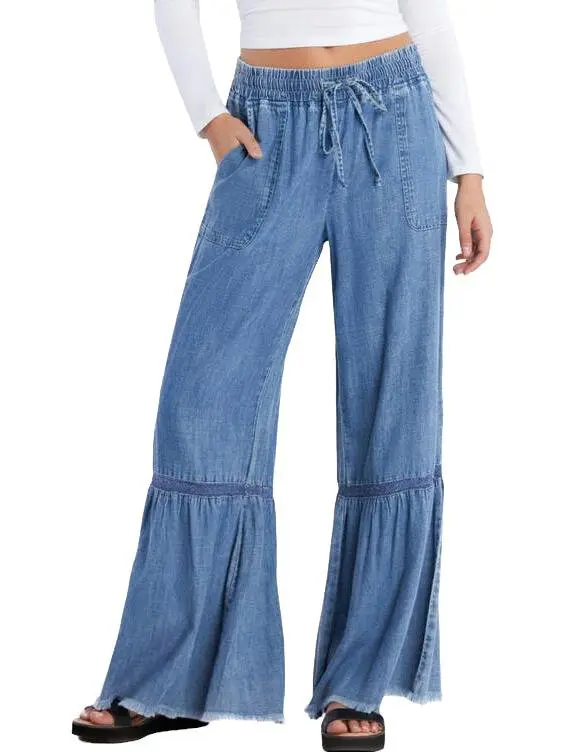 BILLY T Drawstring Waist Tiered Denim Pants - Vintage Blue