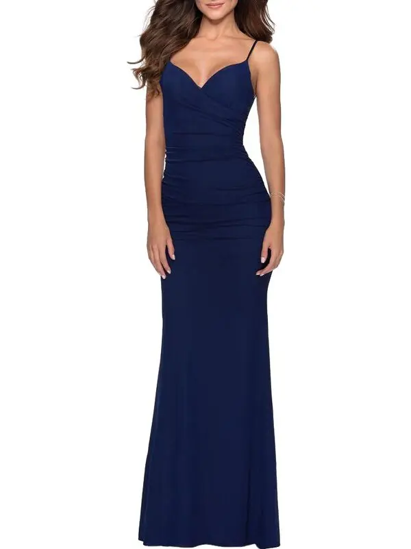 LABOMME Fitted Jersey Long Dress With Lace Up Back - Navy
