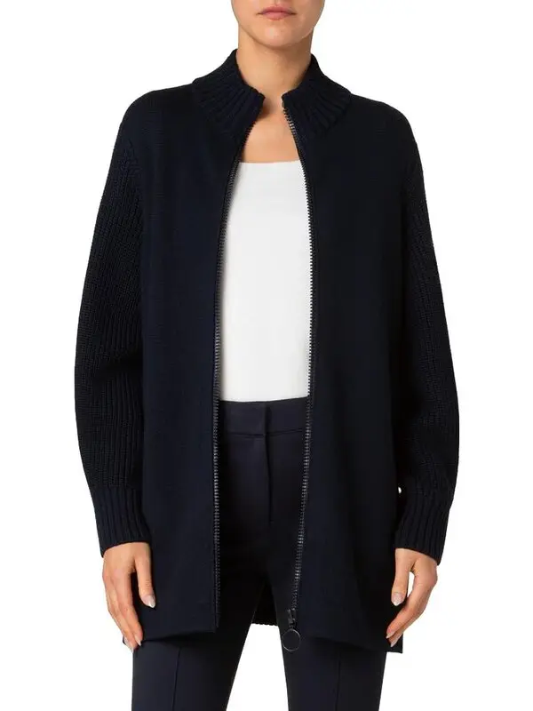 Akris Stretch Merino Wool Bomber Cardigan - Navy