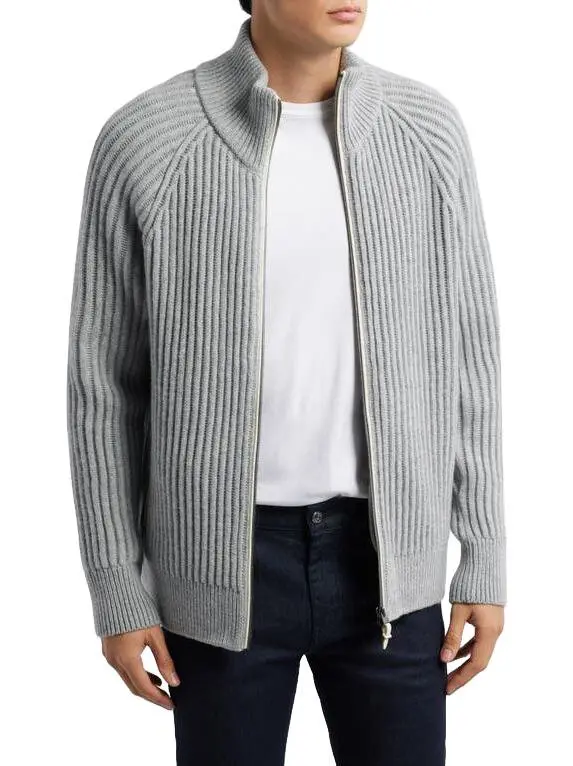 Hugo Boss Boss Erbo Virgin Wool & Cashmere Rib Zip Cardigan - Open Grey