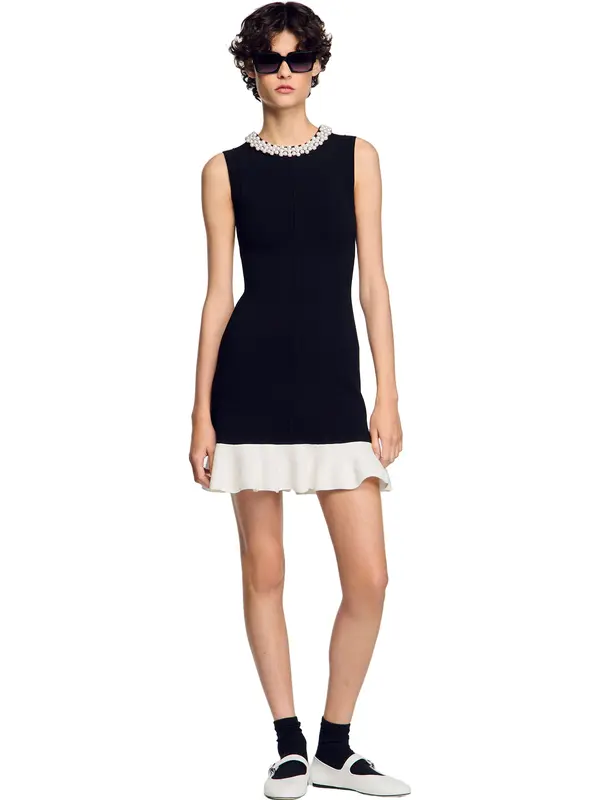 Sandro Mini Knit Dress With Beaded Neck - Black / Ecru