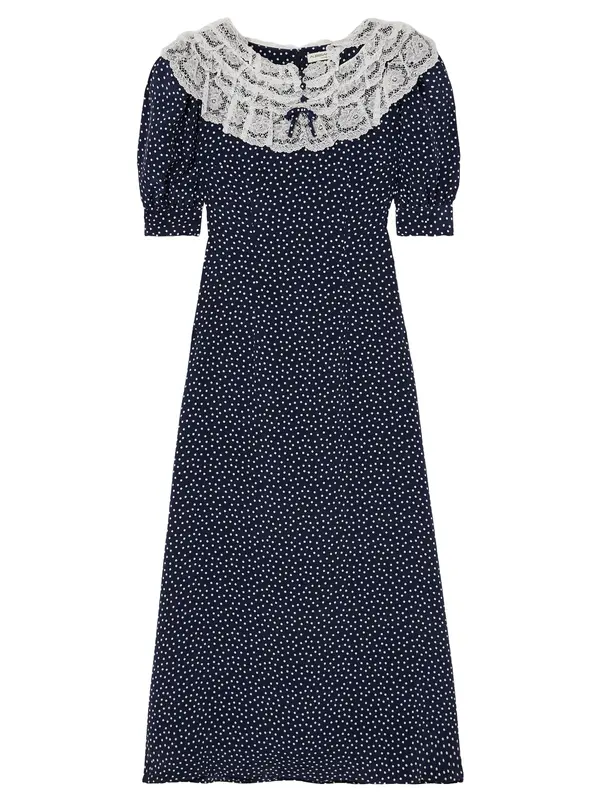 Alessandra Rich Lace-trimmed Polka-dot Silk Crepe De Chine Midi Dress - Blue