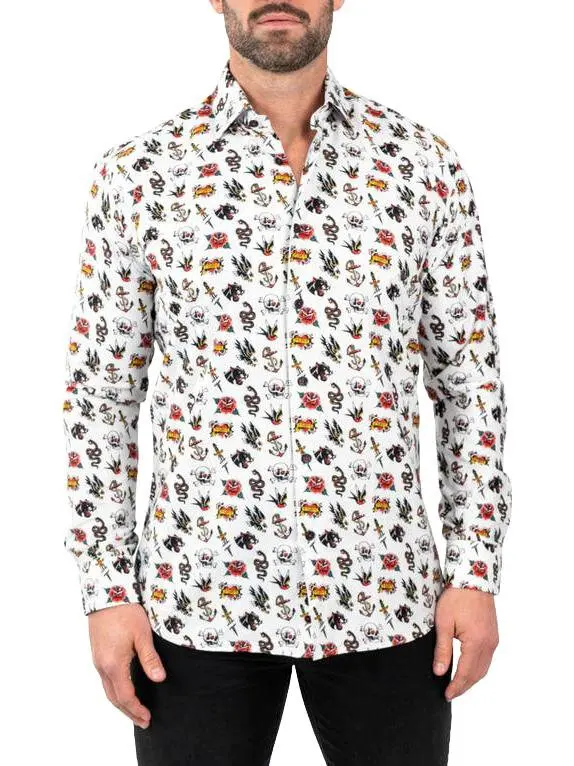 MACEOO Fibonacci Tattoo Contemporary Fit Button-up Shirt - White
