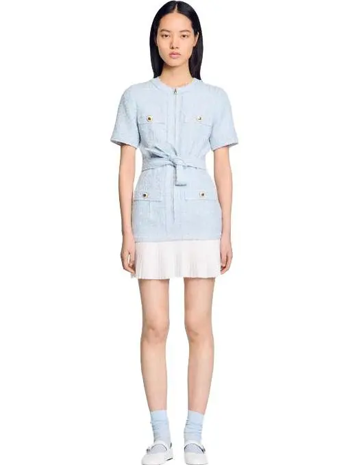 Sandro Mini Tweed Dress With Pleated Bottom - Sky Blue