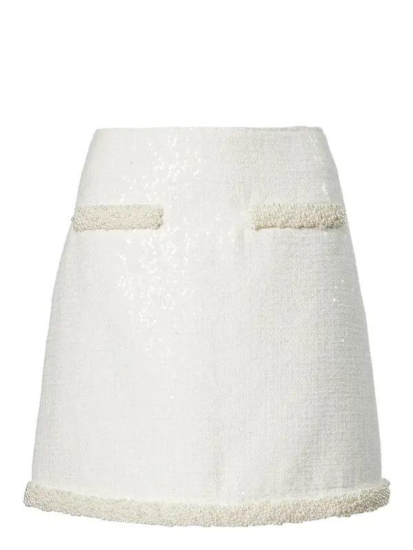 SELF-PORTRAIT Faux Pearl-trimmed Bouclé Miniskirt - White