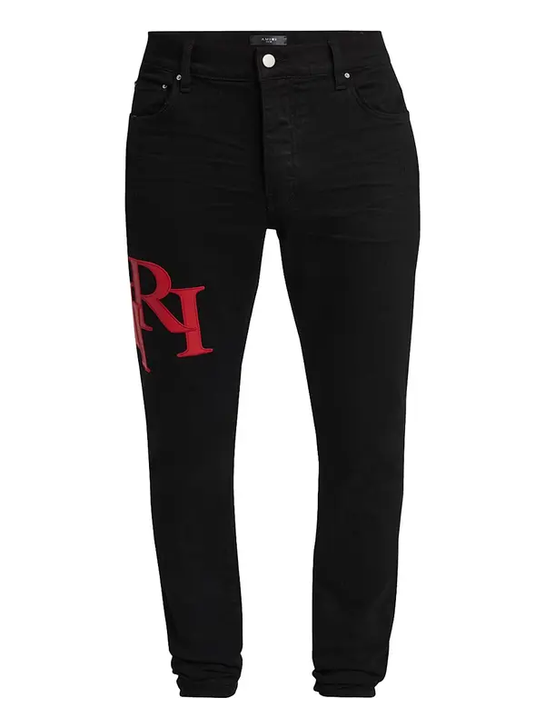 Amiri Staggered Leather Logo Skinny Jeans - Black Red