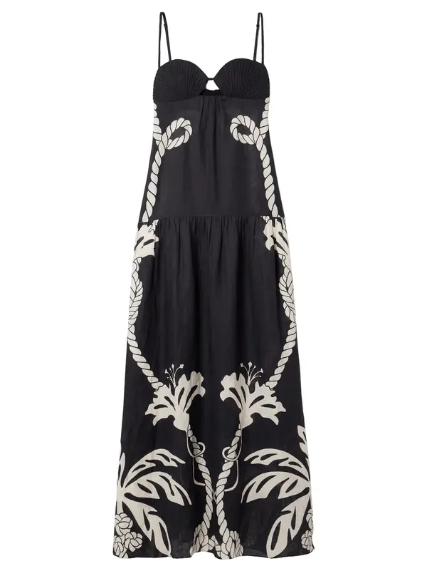 Johanna Ortiz Enlightened Sailor Tiered Cutout Printed Linen Maxi Dress - Black
