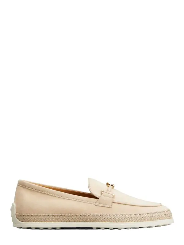 TOD'S Suede Slipper Loafers With Double T Ring Accessory - Beige