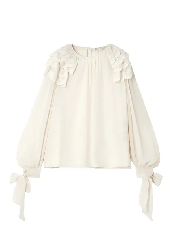 Chloé Ruffled Broderie Anglaise-trimmed Silk-georgette Blouse - Cream