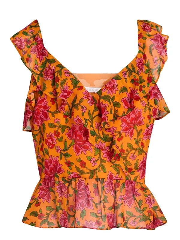 Veronica Beard Randa Floral-print Silk-crepe Top - Orange