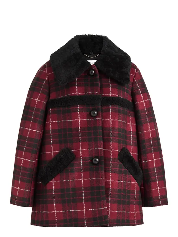Coach Restored Plaid Wool Coat With Shearling Trim - Red/black