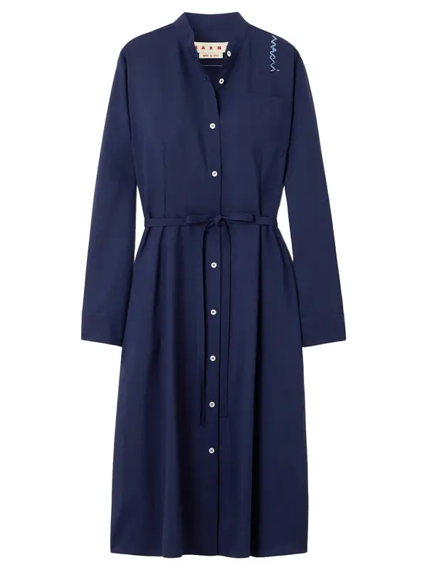 Marni Embroidered Wool-twill Midi Shirt Dress - Blue