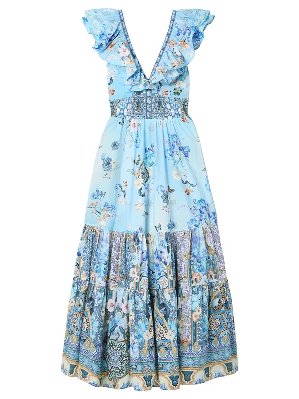 Camilla Ruffled Crystal-embellished Printed Organic Cotton-poplin Maxi Dress - Blue