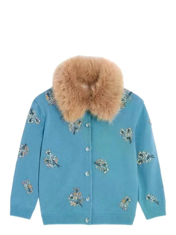 Valentino Garavani Embroidered Wool Cardigan With Faux-fur Collar - Blue