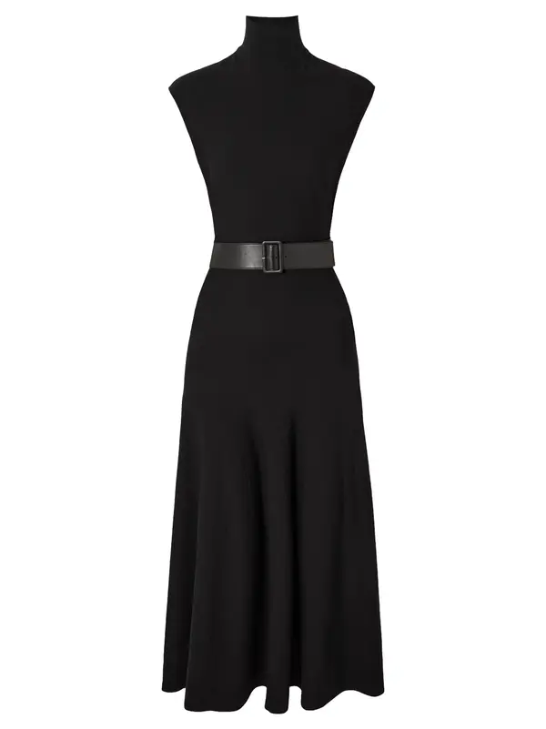 Alaïa Belted Leather-trimmed Wool-blend Midi Dress - Black