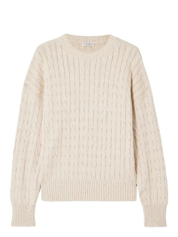 Brunello Cucinelli Sequin-embellished Cable-knit Sweater - Neutrals