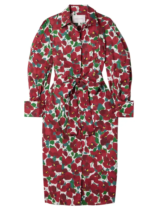 Carolina Herrera Belted Floral-print Cotton-blend Midi Shirt Dress - Red