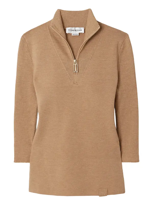 Victoria Beckham Ribbed Merino Wool-blend Half-zip Sweater - Neutrals
