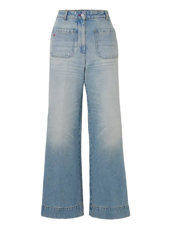 Victoria Beckham Alina Embroidered High-rise Wide-leg Jeans - Blue