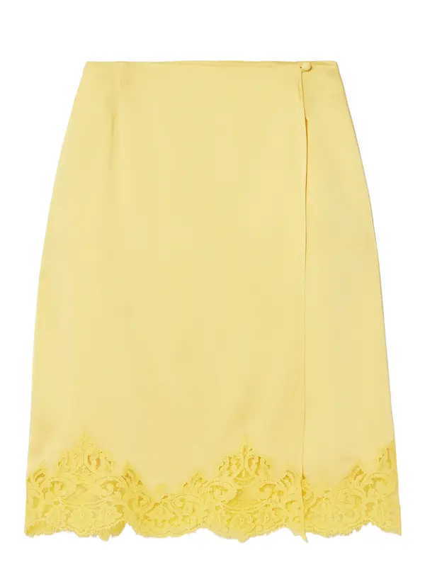 Stella McCartney Iconic Wrap-effect Lace-trimmed Satin Skirt - Yellow