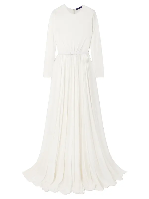 Ralph Lauren Belted Leather-trimmed Pleated Crepe-jersey Maxi Dress - White