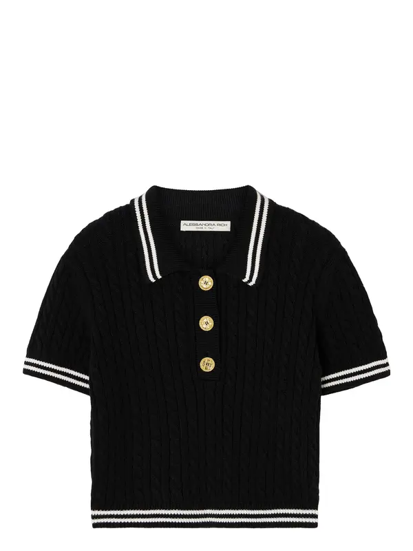 Alessandra Rich Cropped Cable-knit Polo Shirt - Black