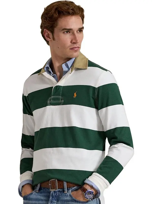 Ralph Lauren Classic Fit Khaki-collar Rugby Shirt - Grass Green/trophy Cream