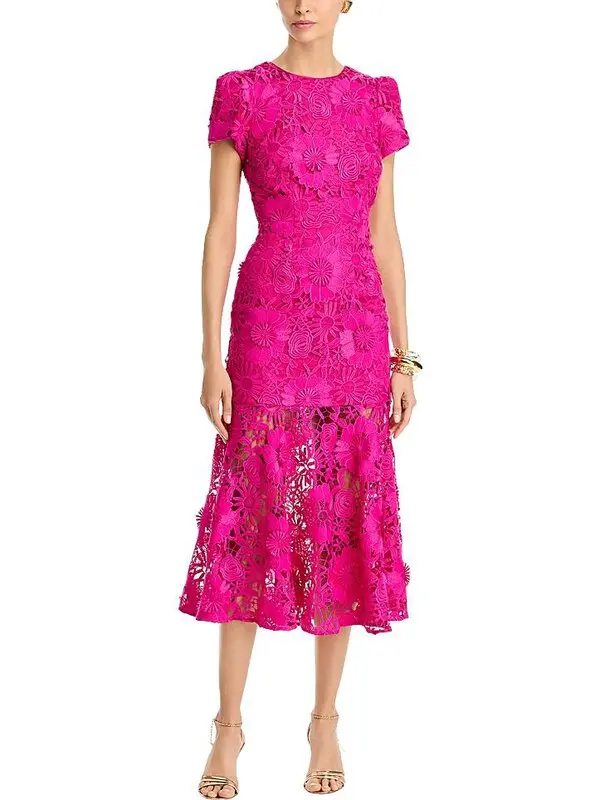 MILLY Tahlia Lace Midi Dress - Fuchsia