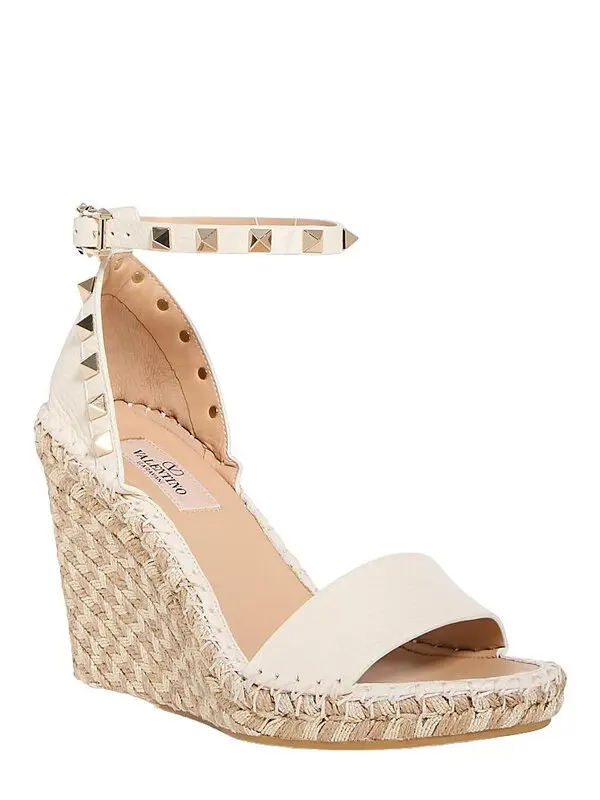 Valentino Garavani Double Rockstud Espadrille Wedge Sandals - Light Ivory