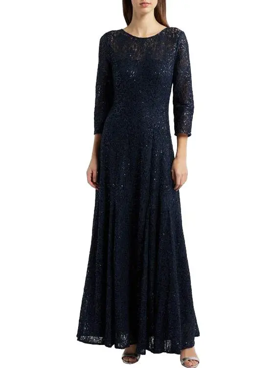 TAHARI ASL Sequin Lace A-line Gown - Navy