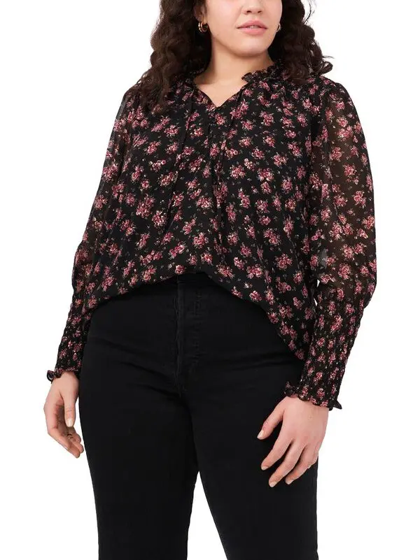 1.State Floral Print Smocked Top - Black/ Multi