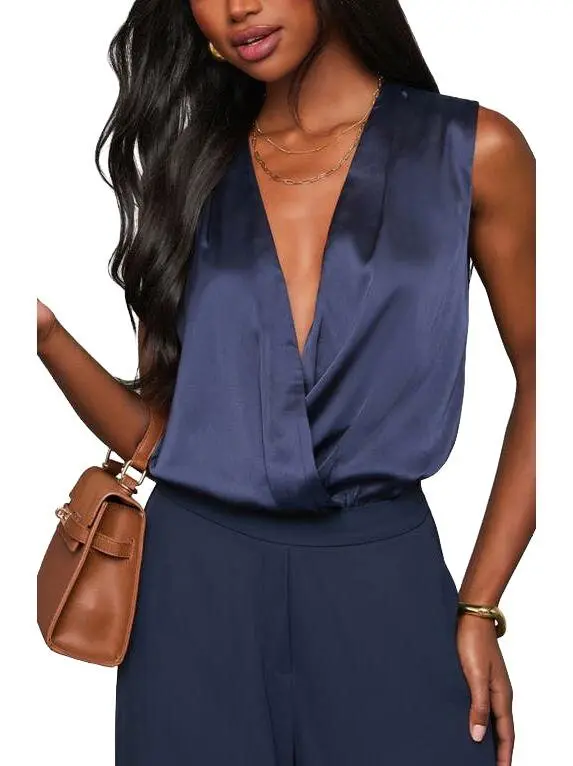 VICI Phoenix Plunge Surplice Neck Satin Bodysuit - Midnight Blue
