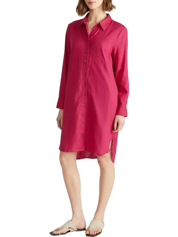 Universal Standard Seaside Long Sleeve Linen Blend Shirt Dress - Cerise