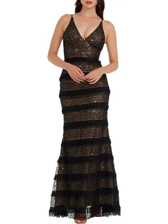 Dress The Population Guinevere Sequin Gown - Black/ Beige