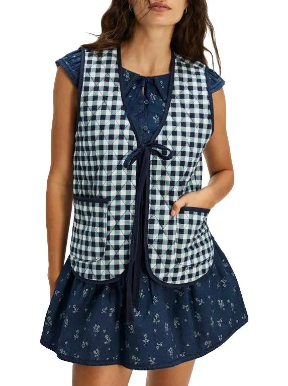 Free People Claudine Quilted Vest - Navy Gingham