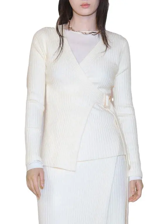 Mango Ribbed Wrap Cardigan With Buckle - Ecru